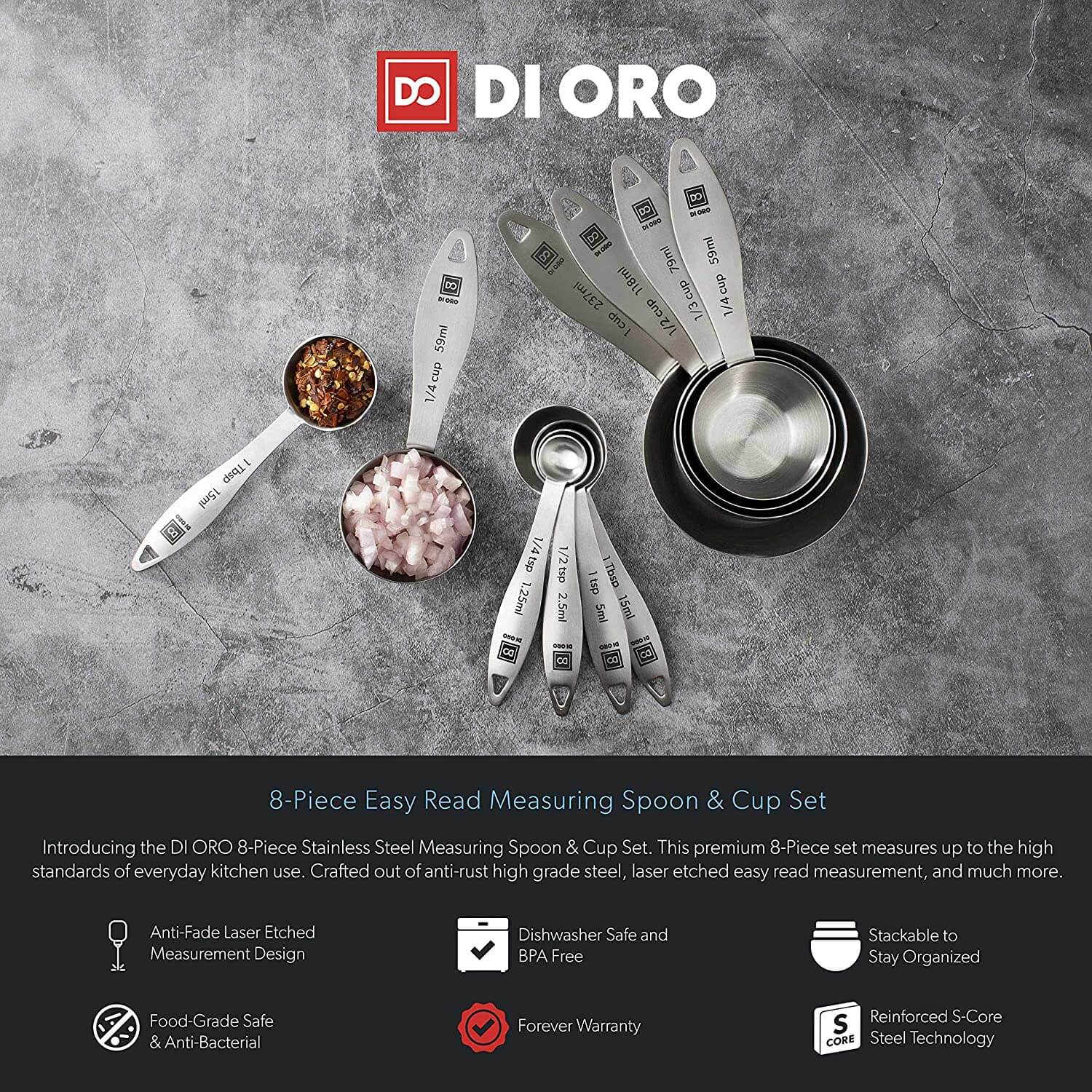 8-Piece 18/8 Stainless Steel Measuring Cup and Spoon Set– DI ORO